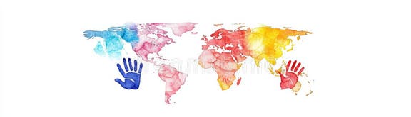 Global Unity Watercolor World Map and Handprints Stock Illustration ...