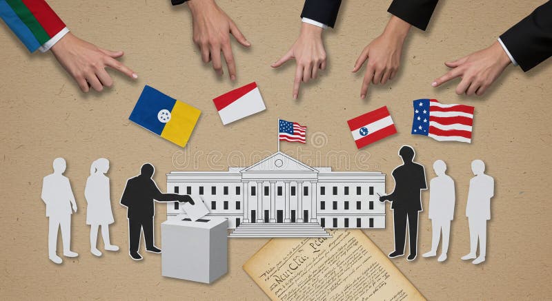 Global Voting and Election Concept: Hands Pointing at Flags and Ballot ...