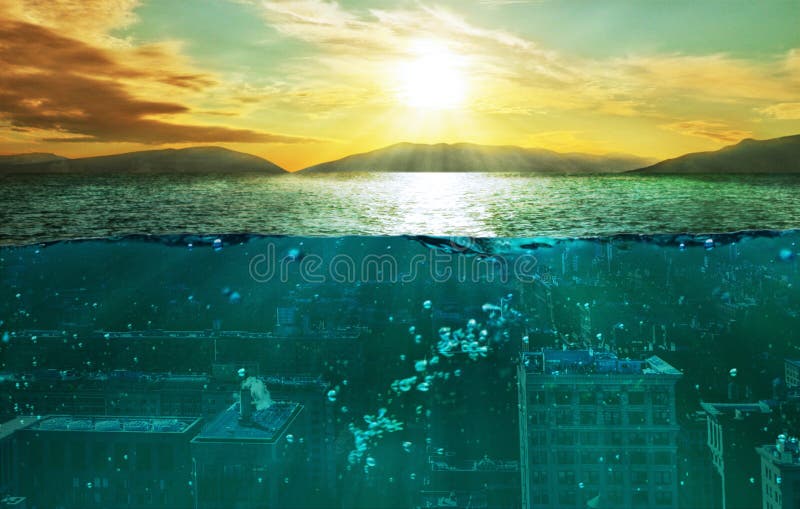 Global Warming Concept. City Under Water at Sunset Stock Photo - Image ...