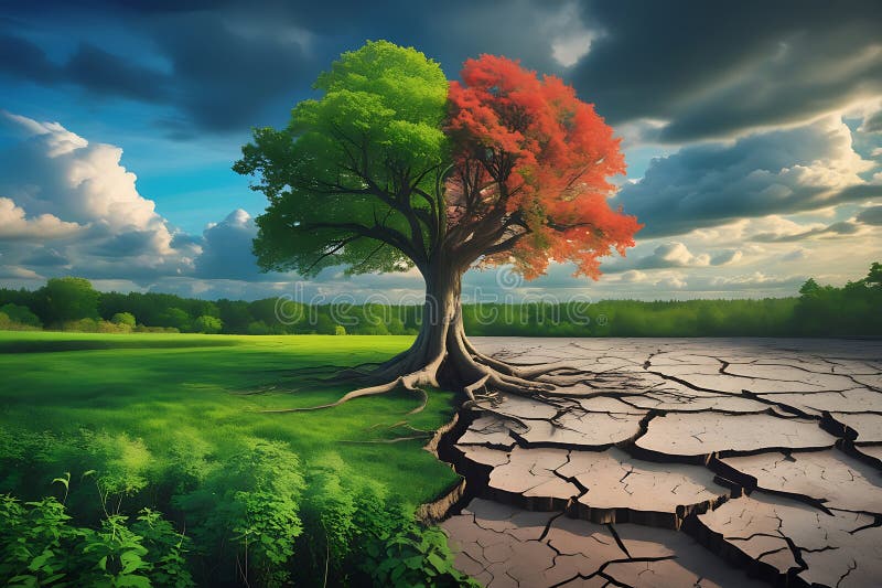 Global Warming Concept and Climate Change. Half Bare Tree on Barren ...