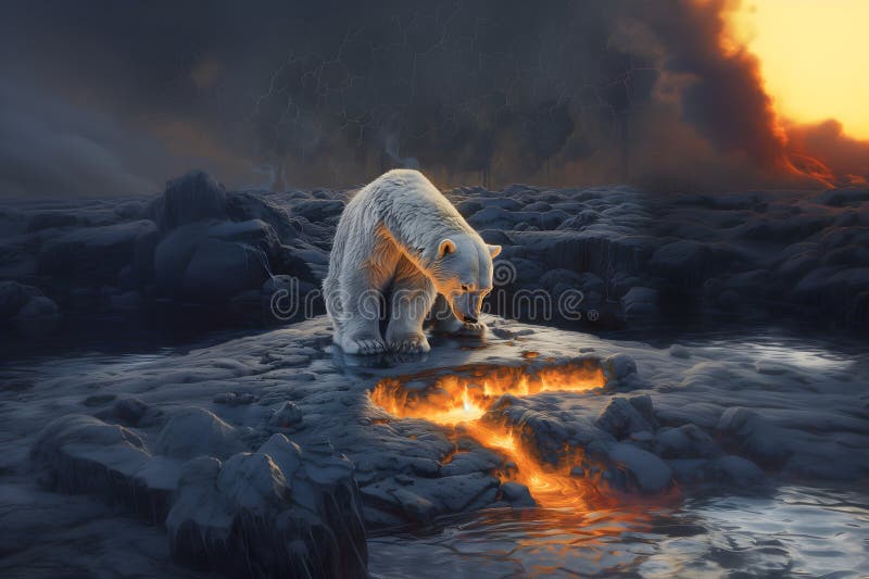 A Polar Bear Sitting on a Shrinking Ice Cap in a Pool of Lava. Stock ...