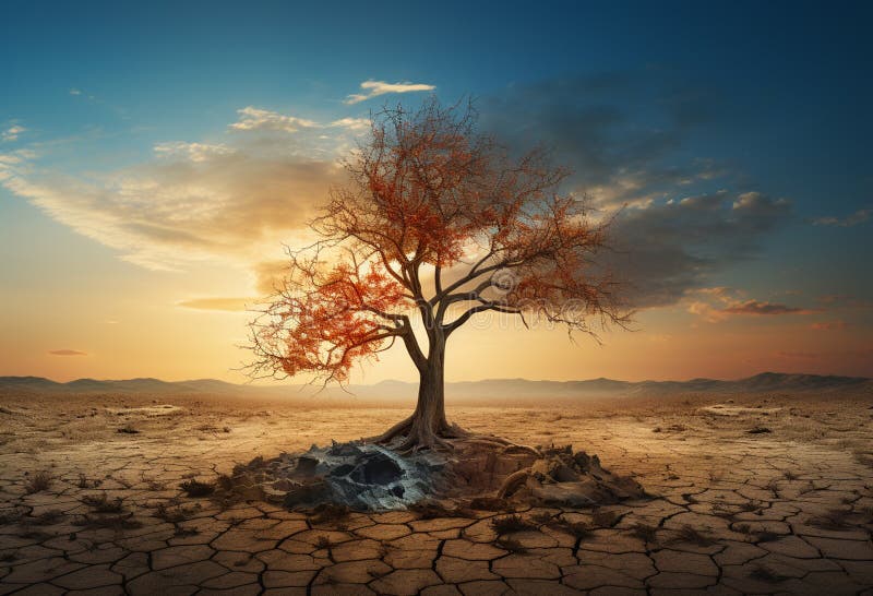 Global Warming Concept. Lonely Dead Tree Under Dramatic Evening Sunset ...