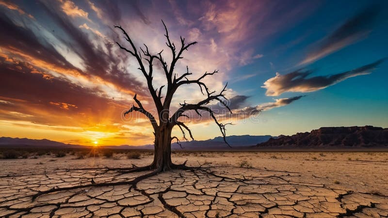 Global Warming Concept. Lonely Dead Tree Under Dramatic Evening Sunset ...