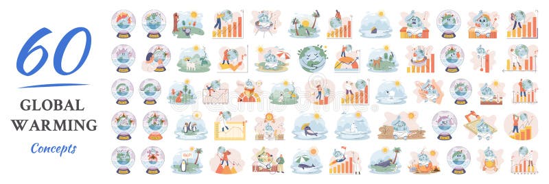 Global Warming 60 Concepts Set. Long-term Increase in Average ...