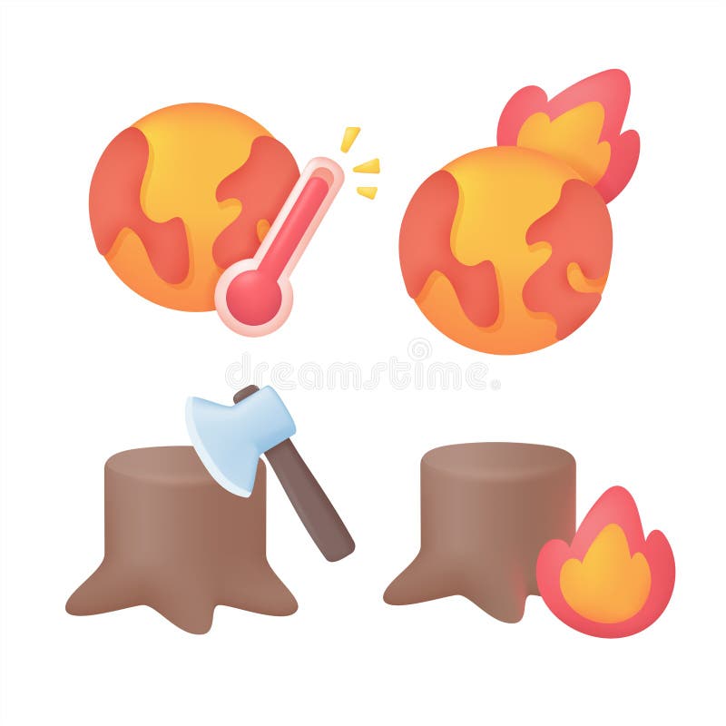 Global Warming from Cutting Down Trees and Burning Forests. 3D Vector ...