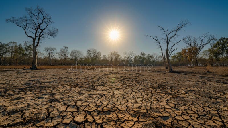 Global Warming a Dry Cracked Landscape with Bare Trees Under a Bright ...