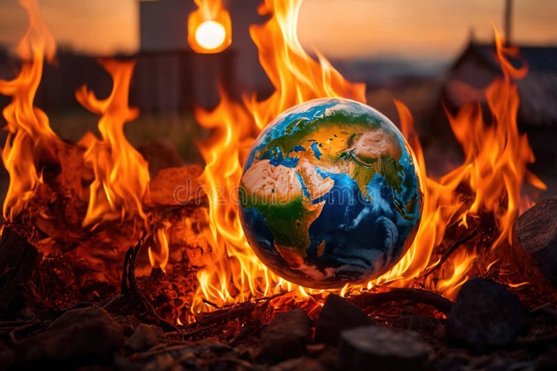 Global Warming Ecological Climate Crisis Concept with Burning World ...