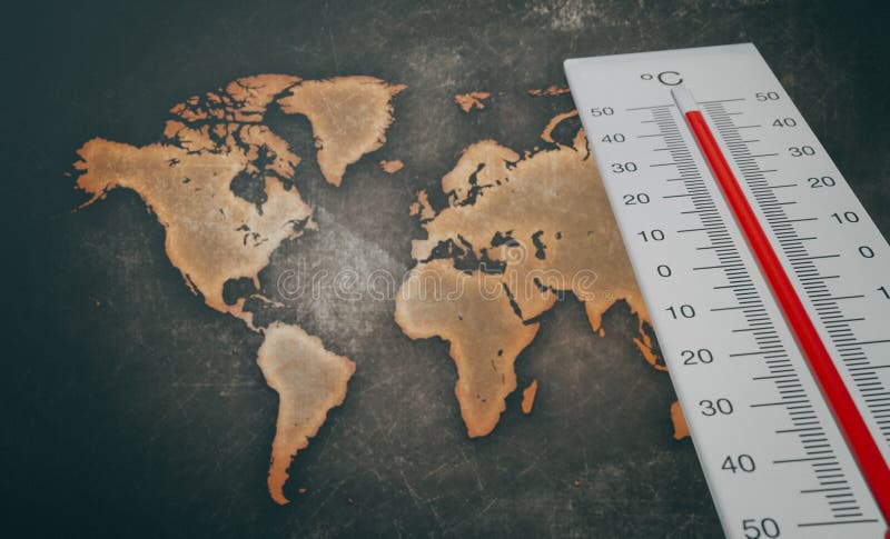 Global Warming, Heat Wave in the World, Thermometer in Front of Map ...