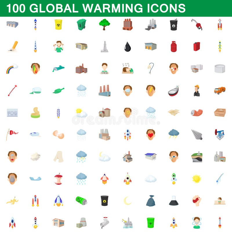 100 Global Warming Icons Set, Cartoon Style Stock Vector - Illustration ...