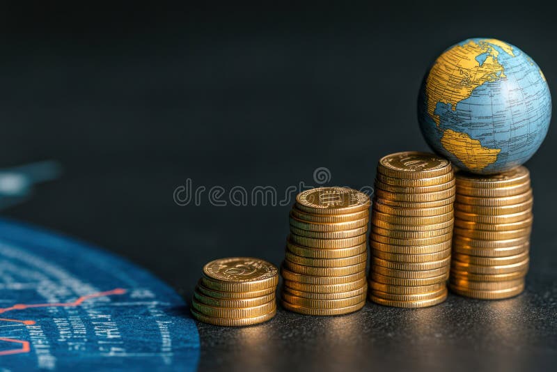 Global Wealth: Coins Stacked on Globe Symbolizing Financial Power and ...
