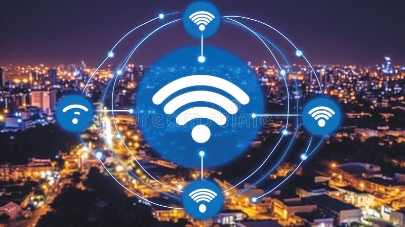 Global Wireless Network Over Night City Stock Image - Image of signal ...