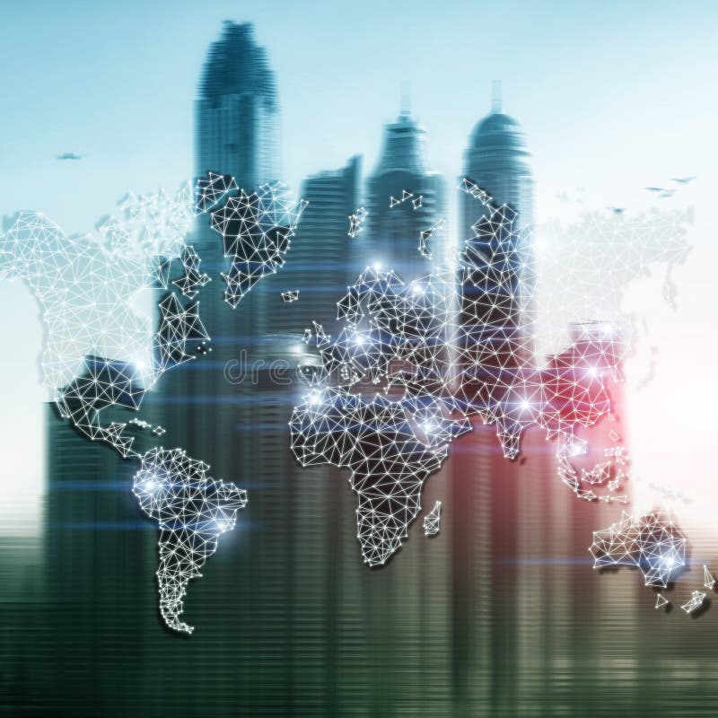 Global World Map Double Exposure Network. Telecommunication ...