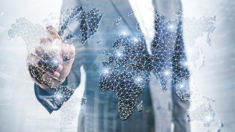 Global World Map Double Exposure Network. Telecommunication ...