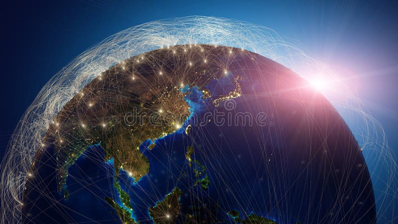 Globalization and Communication Concept. Earth and Luminous Rays. 3d ...
