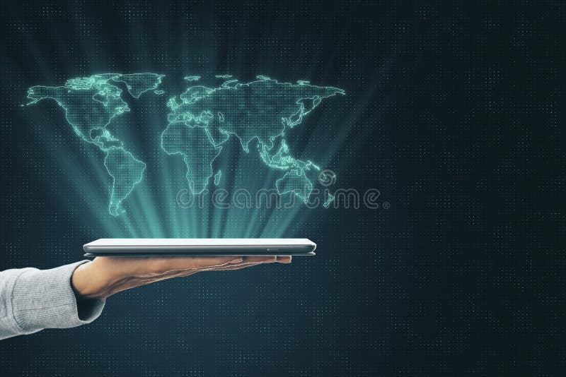 Globalization Concept with Digital World Map Layout Above Human Hand ...