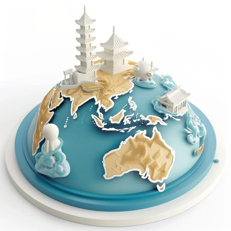 Miniature Asian Temples on a 3D World Map Globe Stock Illustration ...