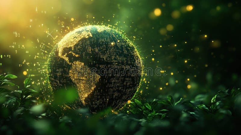 Globally Interconnected Earth, Surrounded by Vibrant Greenery, Glowing ...