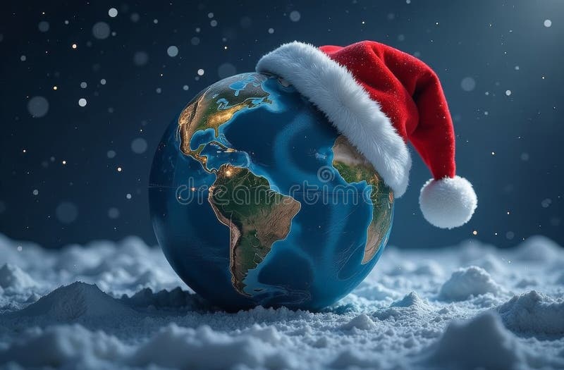 Merry Christmas Earth Globe Santa Hat Winter Snow Scene Stock Photos ...