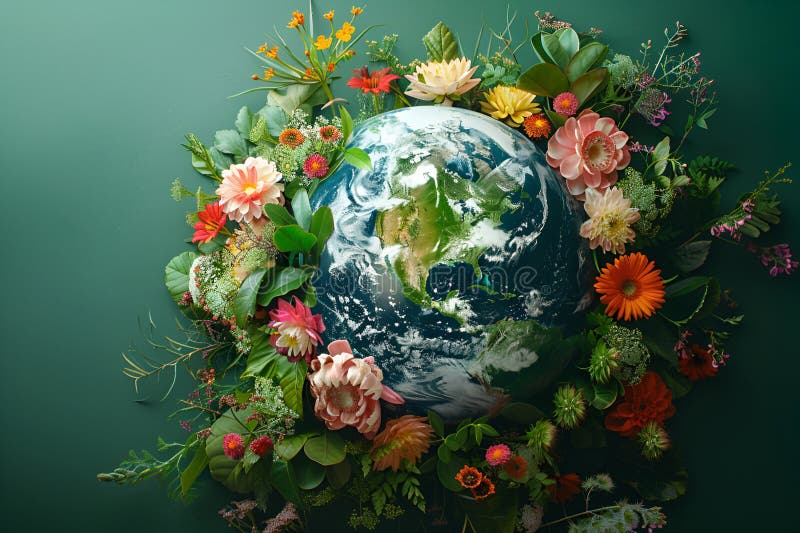 Globe Adorned with Flowers and Leaves on Green Backdrop, Earth Day ...