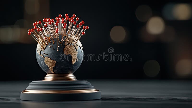 This Globe, Adorned with Red Pins, is Elegantly Displayed on a Sturdy ...
