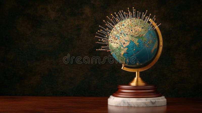 This Globe, Adorned with Red Pins, is Elegantly Displayed on a Sturdy ...