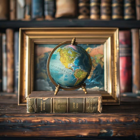 Globe on Antique Books and Frame, Library Setting Stock Image - Image ...