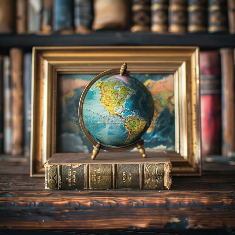 Globe on Antique Books and Frame, Library Setting Stock Image - Image ...