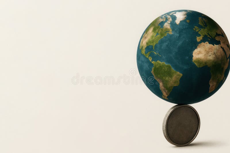Globe Balancing on the Edge of a Coin. Space for Text. Stock Photo ...