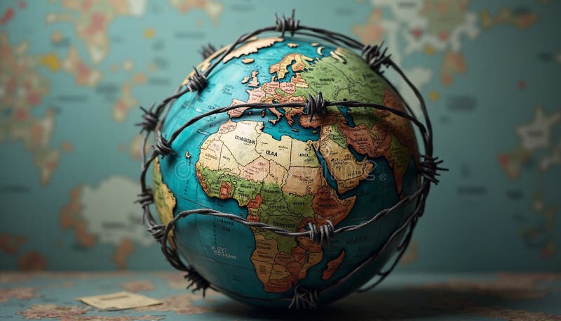 World Globe Enclosed by Barbed Wire on Map Background - Earth in Danger ...