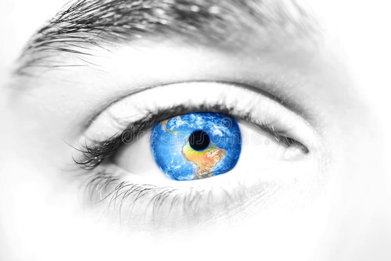 Globe in beautiful eye. stock image. Image of people - 113370559