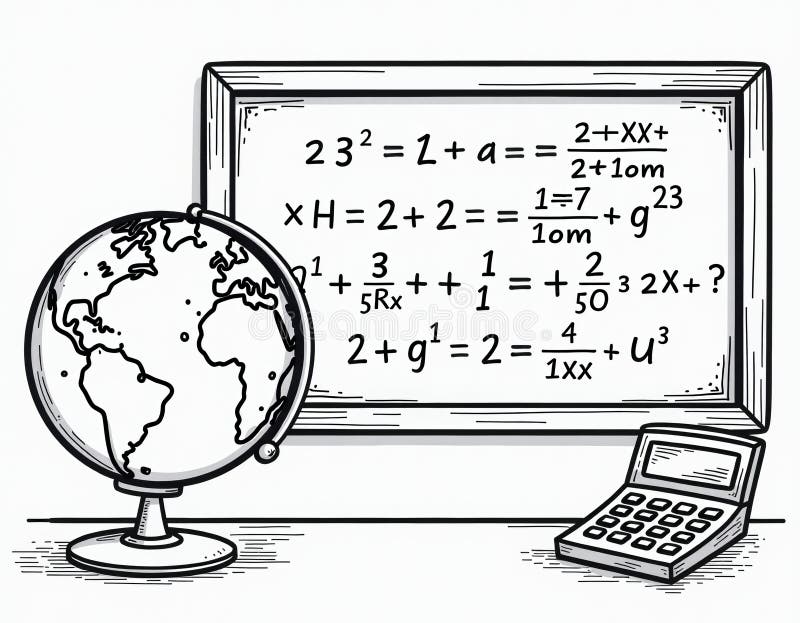 Globe, Blackboard with Math Equations, and Calculator Stock ...