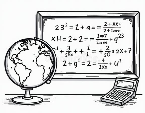 Globe, Blackboard with Math Equations, and Calculator Stock ...