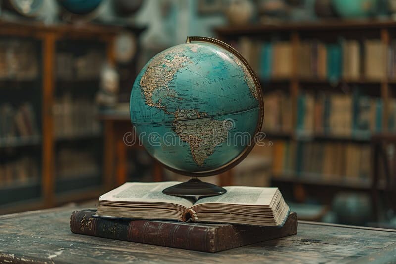 Globe on Books in Library stock illustration. Illustration of bookshelf ...