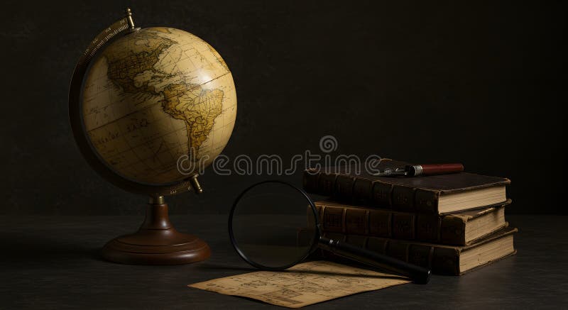 Globe, Books, Magnifying Glass, and Map Still Life, Ai Generated Stock ...