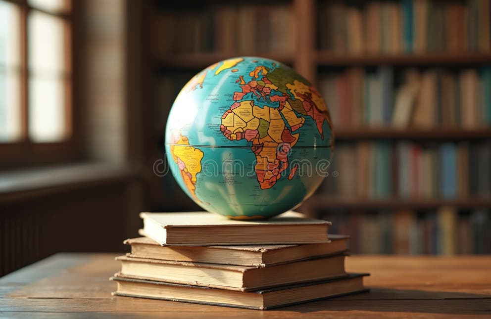 Globe on Books Stack in Library. World Map Education Resource Stock ...