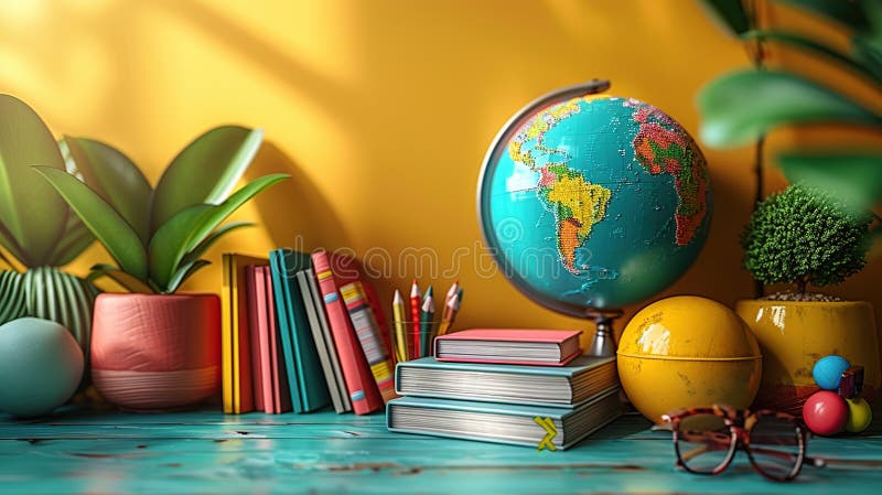 Globe and Books on a Table stock illustration. Illustration of ...