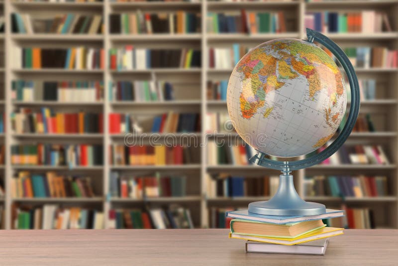 Globe and Books on Wooden Table in Library. Space for Text Stock Image ...