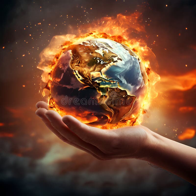 Globe Burning on Human Hand, Hand Holding Earth with Fire, Global ...