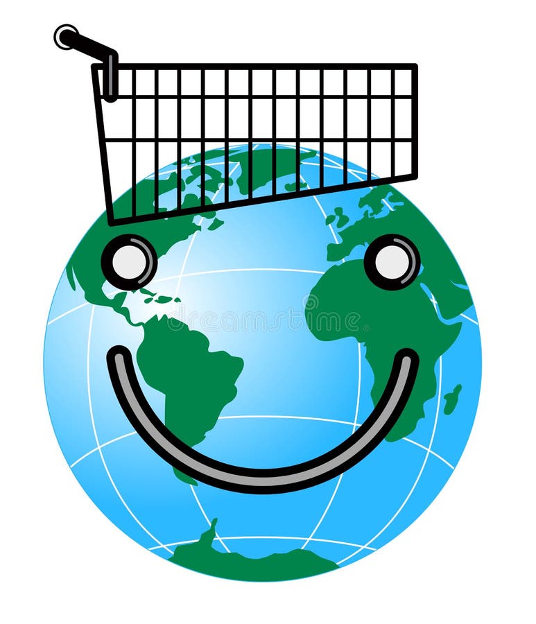Globe with Cart and Smiley Face Stock Illustration - Illustration of ...