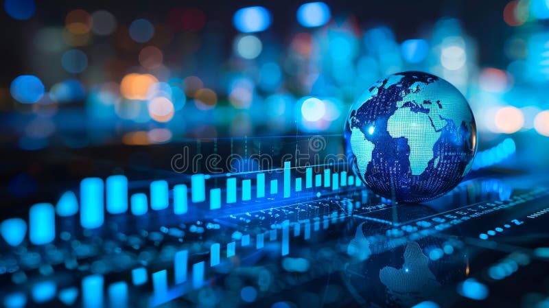 A Globe and Chart on a Reflective Surface with Bokeh Lights Creating a ...