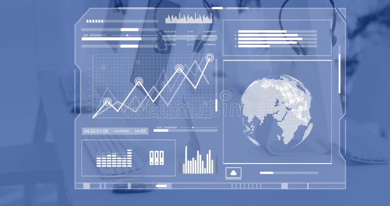 Globe, Charts and Graphs Processing Data Over Computers on Desks in ...