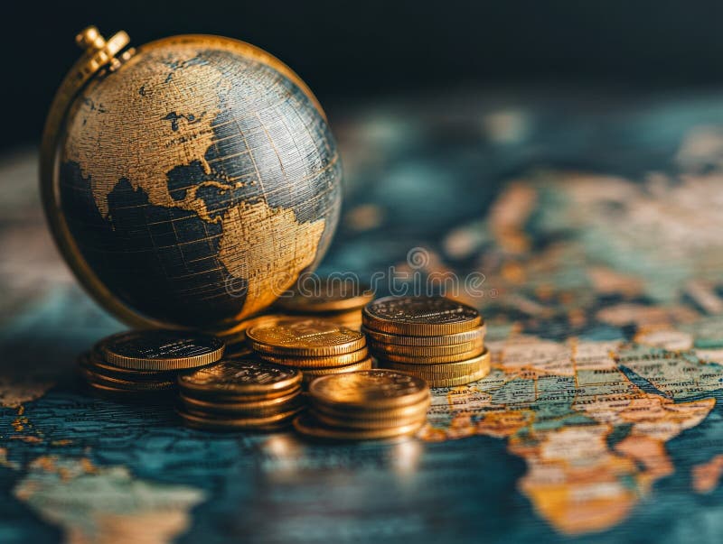 Globe and Coins on a Map, Representing Global Finance, Generative AI ...