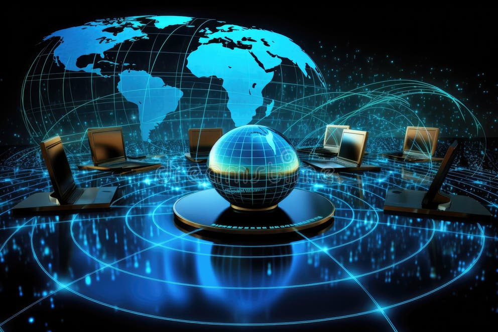 Globe and Computers in Abstract Background. 3d Illustration Stock ...