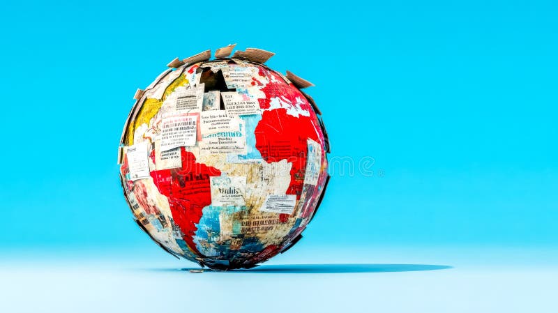 Globe Covered with Pieces of Paper Symbolizing Global Issues on Blue ...