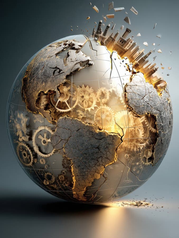 Cracked Globe Reveals Intricate Factory Gears Symbolizing Challenges in ...