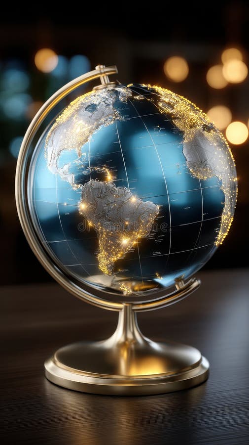 Globe Depicting Earth with Glowing Cities, World Map on Display Stand ...
