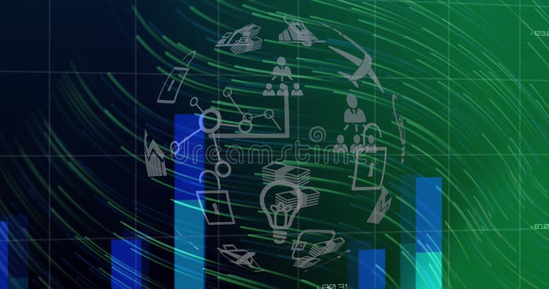 Globe of Digital Icons Spinning and Light Trails Over Statistical Data ...