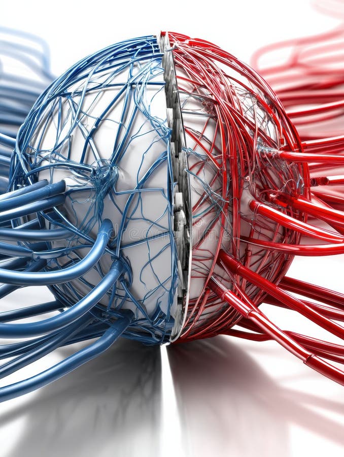 Globe Divided by Blue and Red Network Cables Illustrates Global Tech ...