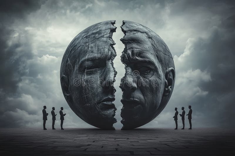 A Globe is Divided, Displaying Human Faces within Its Halves Under a ...