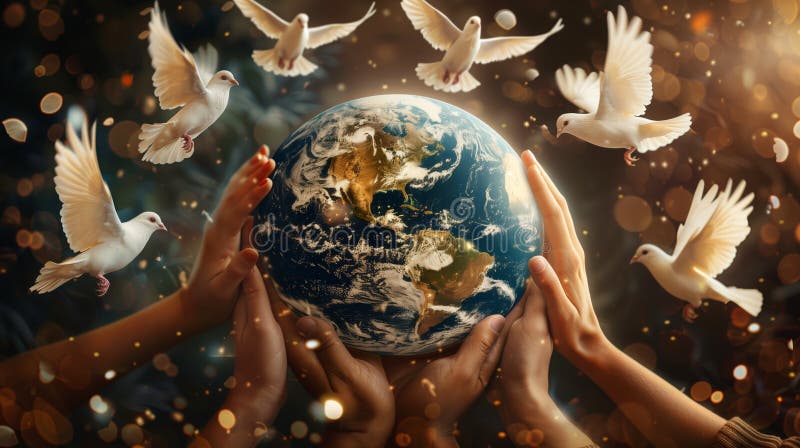 A Globe of Earth Held by Hands with White Doves Flying Around it Stock ...